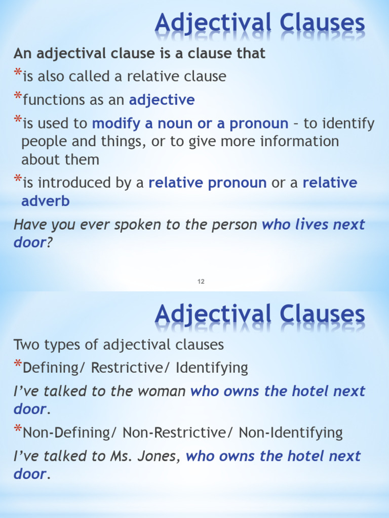 Adjectival Clauses - Slides | PDF | Adjective | Linguistic Morphology