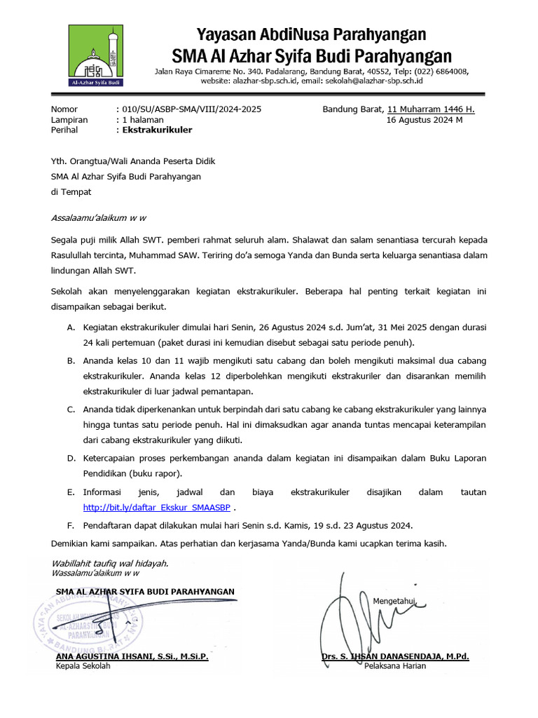 Surat Program Ekstrakurikuler Sekolah | PDF | Perjalanan | Pengembangan ...