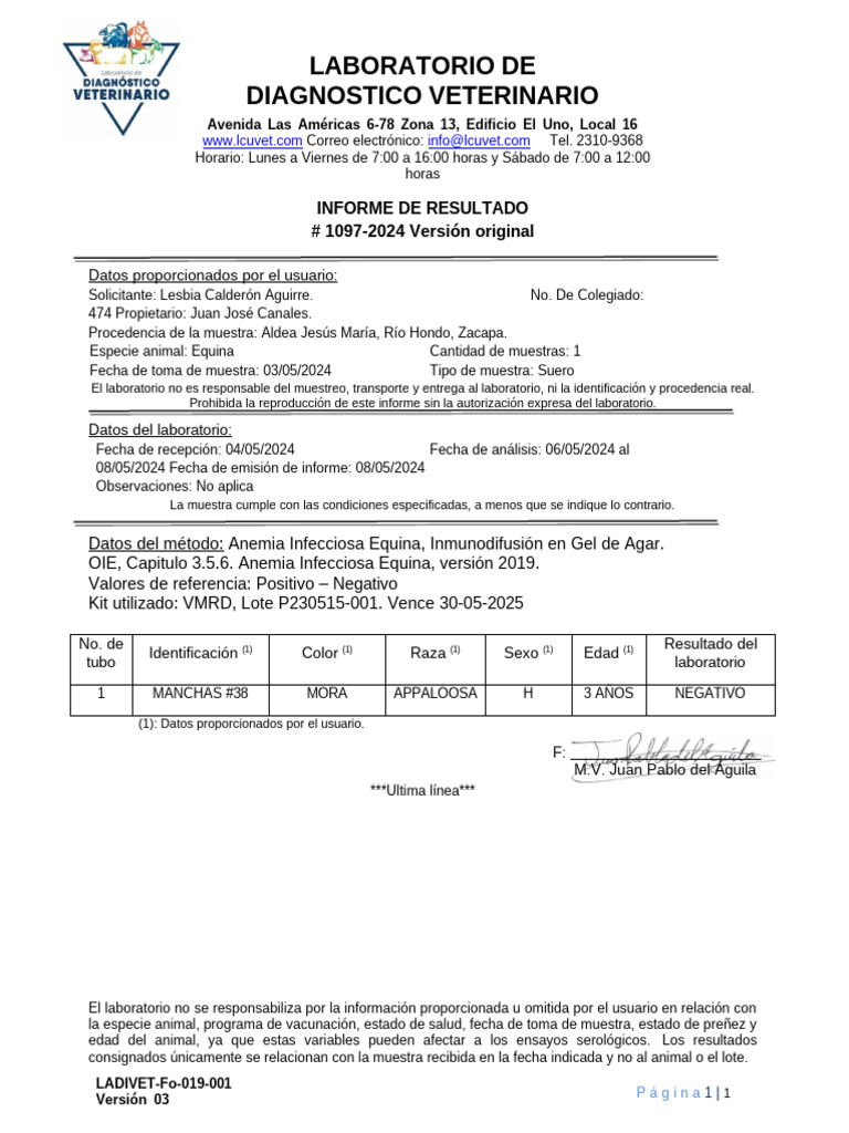 Laboratorio DE Diagnostico Veterinario: Informe de Resultado # 1097-2024 Versión Original | PDF ...