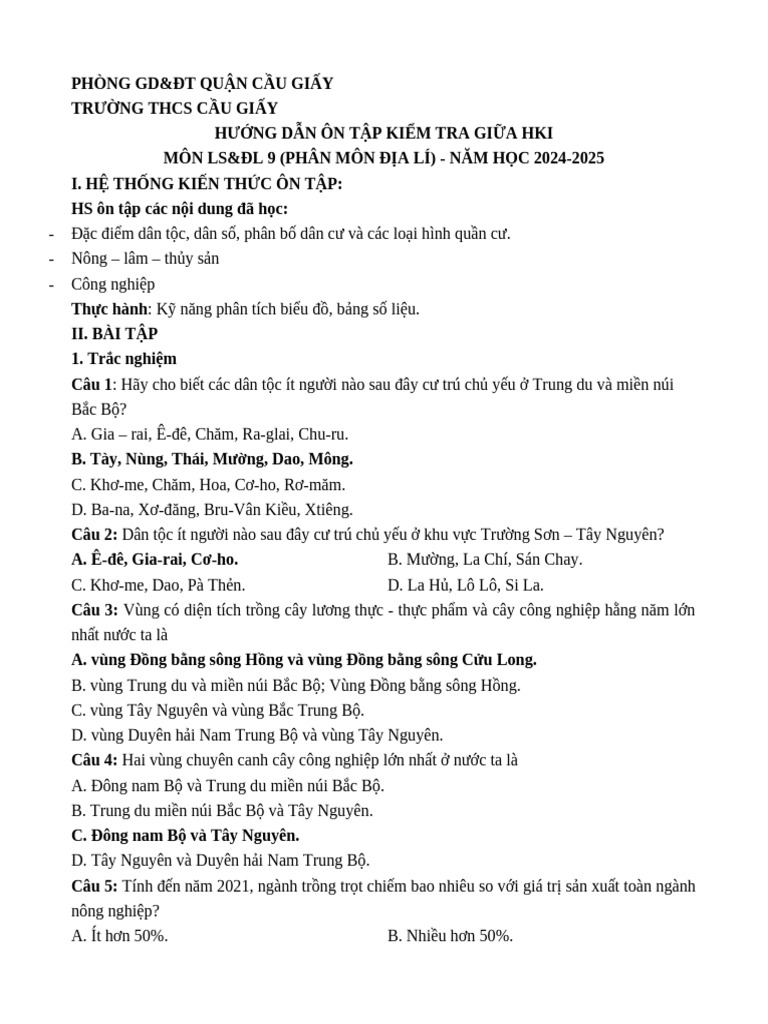 Đáp án- Hướng dẫn ôn tập giữa K1 24-25 K9 | PDF