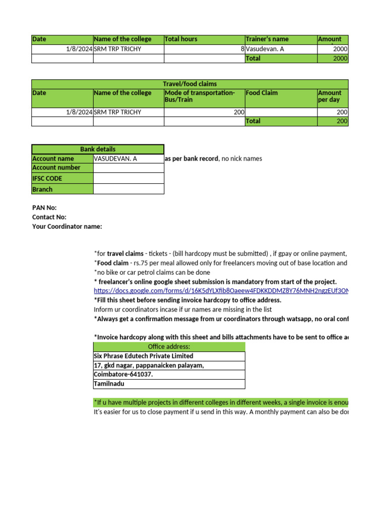 Sample Freelancer's College Data Sheet - Editable | PDF
