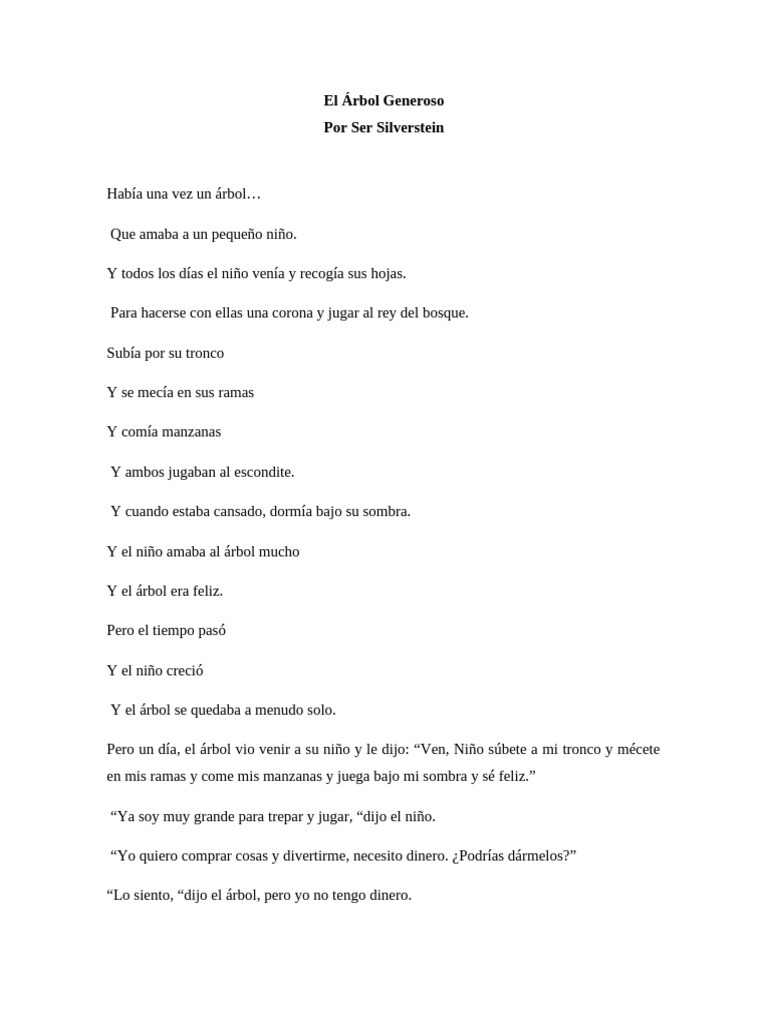 El Árbol Generoso: Cuento Infantil | PDF