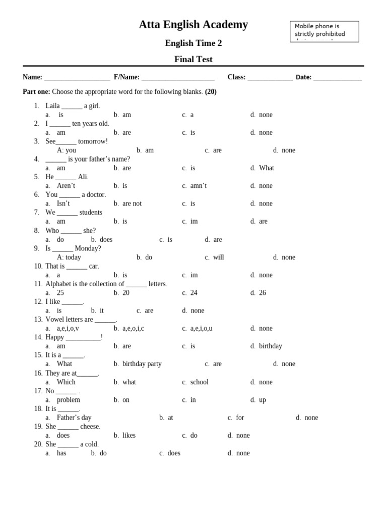 A2 English Time 2 Final Test | PDF | Linguistics | Graphemes