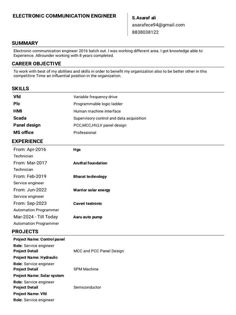 Resume_ASARAF ALI.94 | PDF | Automation | Programmable Logic Controller