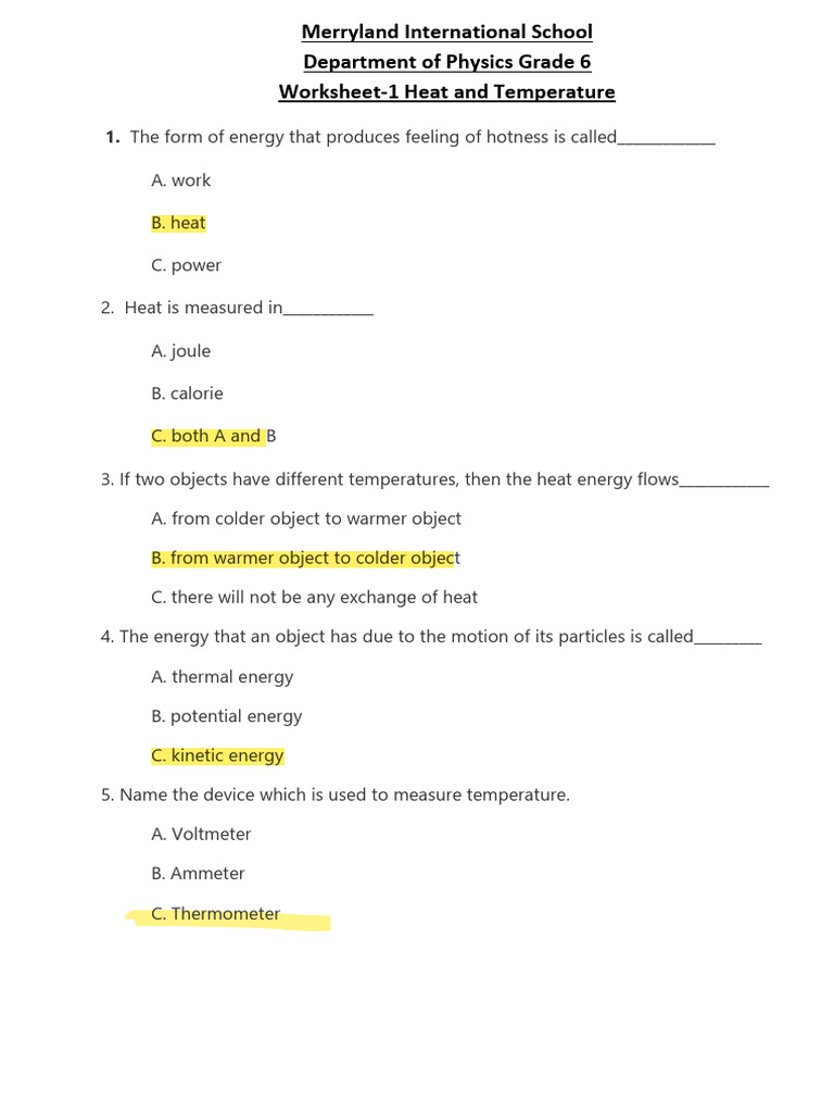 Answer Key Heat and Temperature Worksheet-1 | PDF