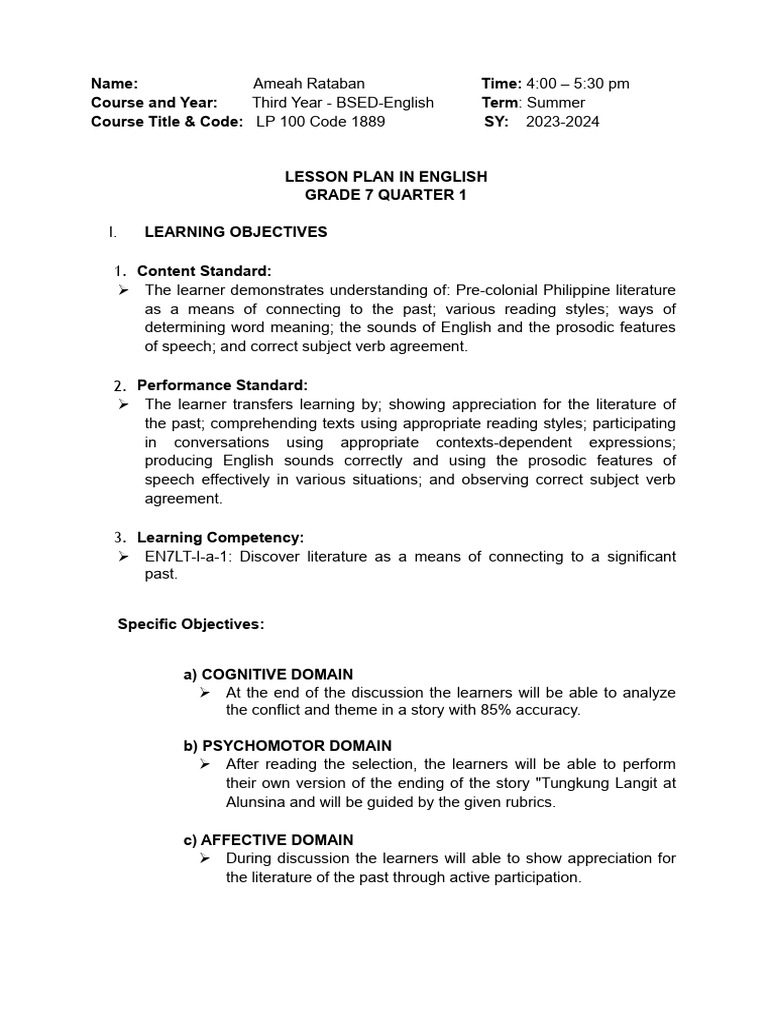 LESSON-PLAN-IN-ENGLISH - Grade-7 - Quarter-1 - AMEAH | PDF | Learning ...