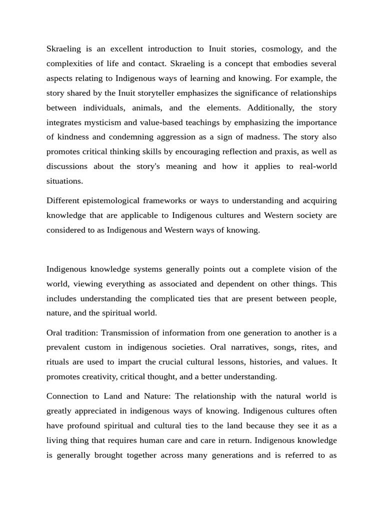 How Skraeling (Qitsualik, 2010) Exemplifies The Following Indigenous Ways of Knowing ...