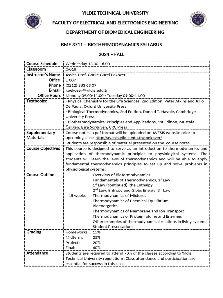 Biothermodynamics Syllabus | PDF | Thermodynamics | Chemistry