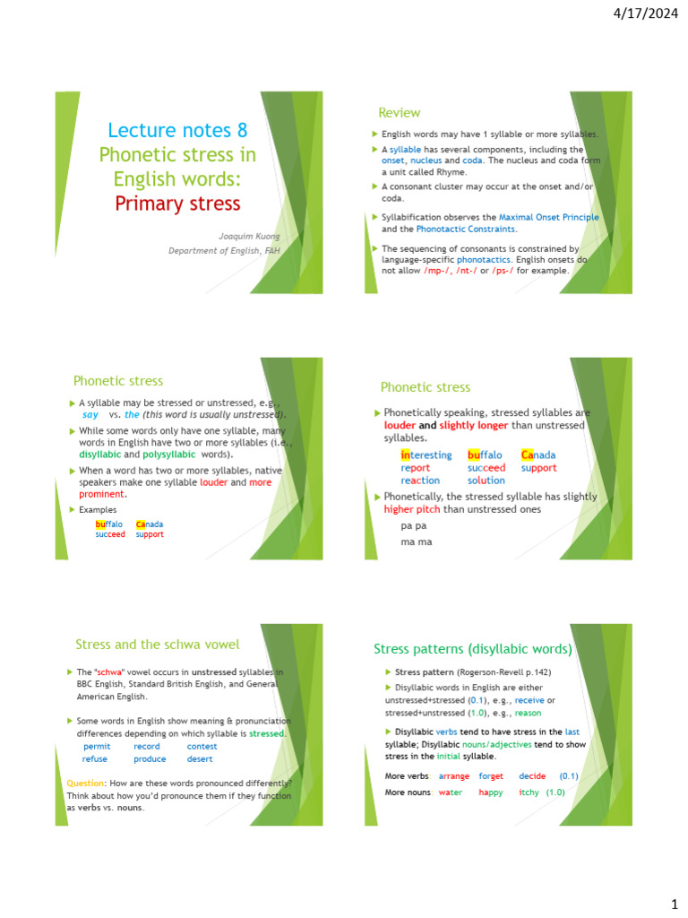 ENGL1002 Lecture Notes 08a (Stress) 2024students | PDF | Syllable ...