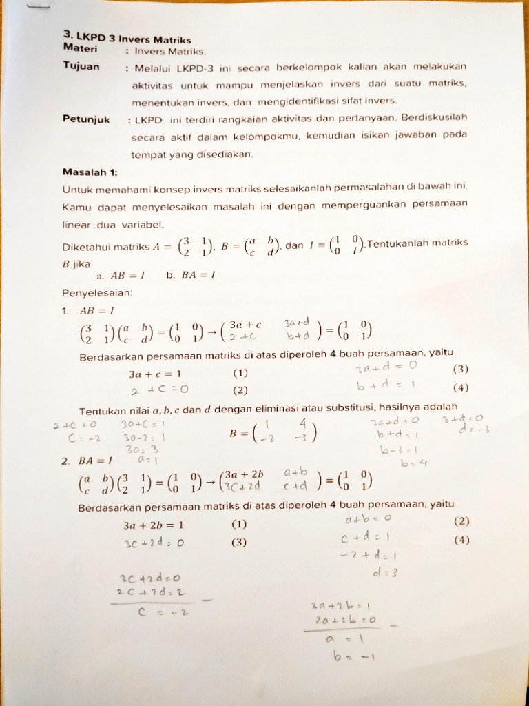 LKPD 3 Invers Matriks | PDF