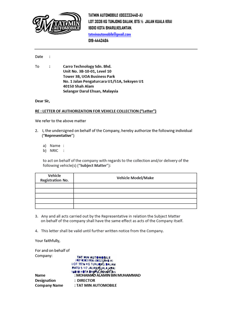 Authorized Letter For Collection (Carro Techonology Sdn. BHD.) | PDF