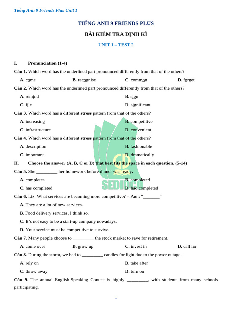 Tiếng Anh 9 Friends Plus Unit 1 Test | PDF