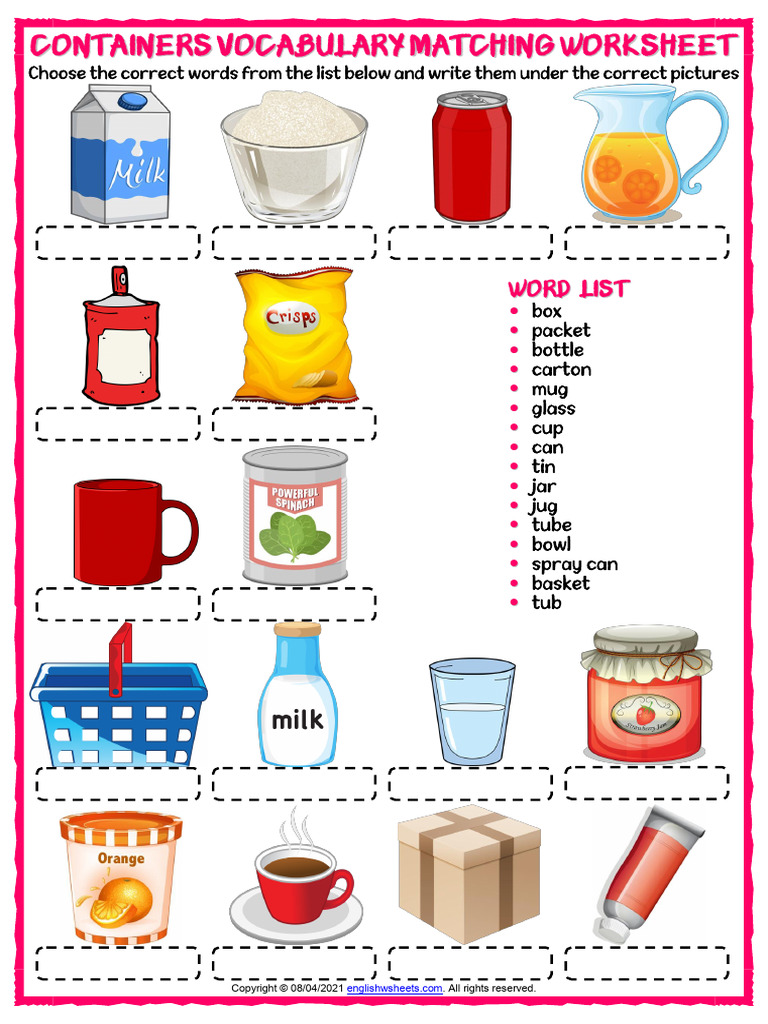 Containers Vocabulary Esl Matching Exercise Worksheet For Kids | PDF