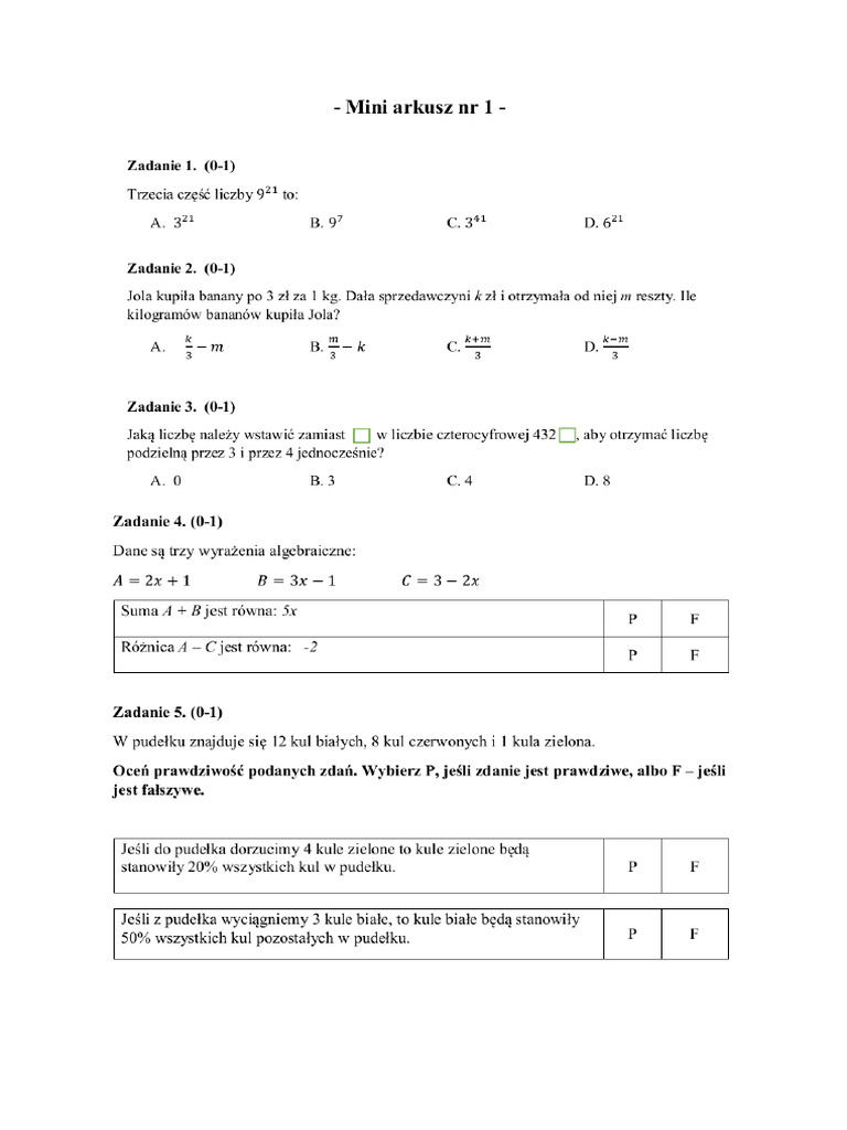 Mini Arkusz NR 1 | PDF