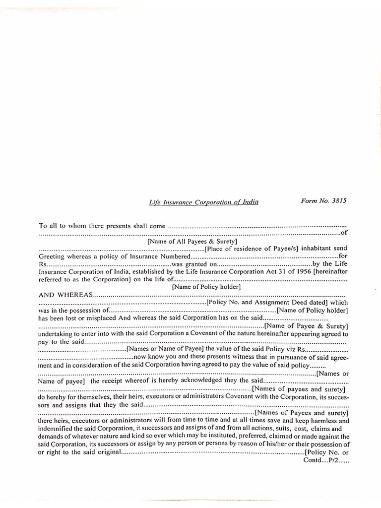 Lic Form 3815 Old (Payment On Duplicate Papers) | PDF