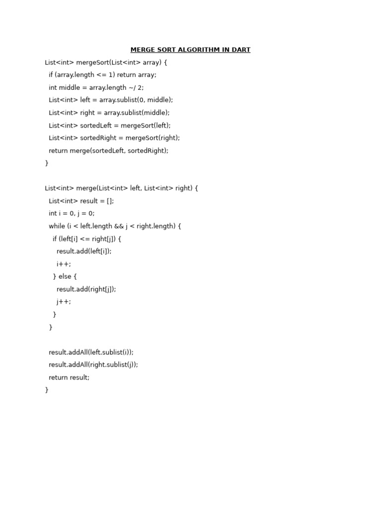 Merge Sort Algorithm in Dart | PDF