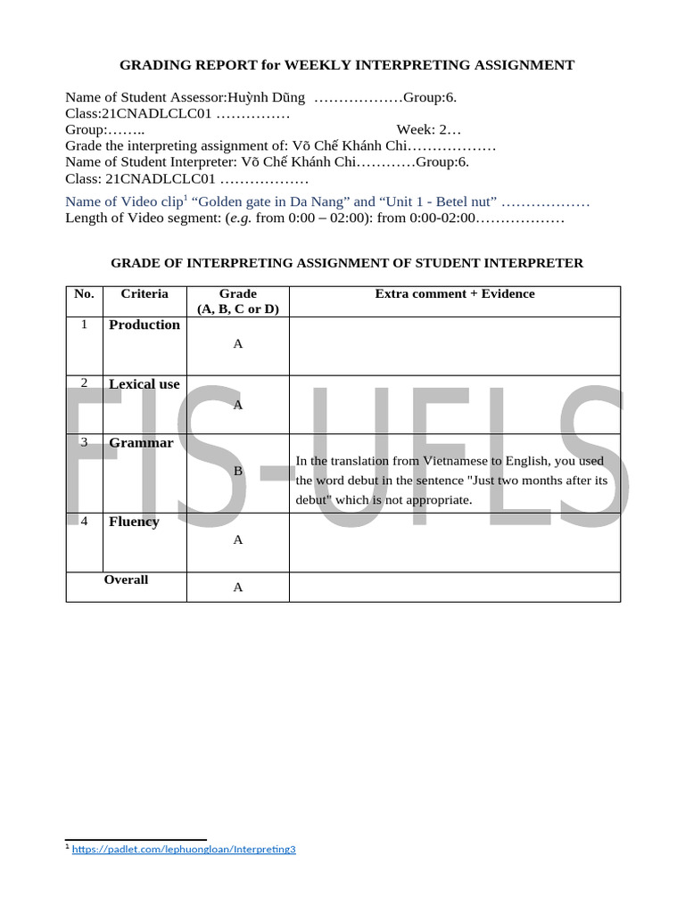 GRADING REPORT For WEEKLY INTERPRETING 3 ASSIGNMENT | PDF | Speech | Idiom