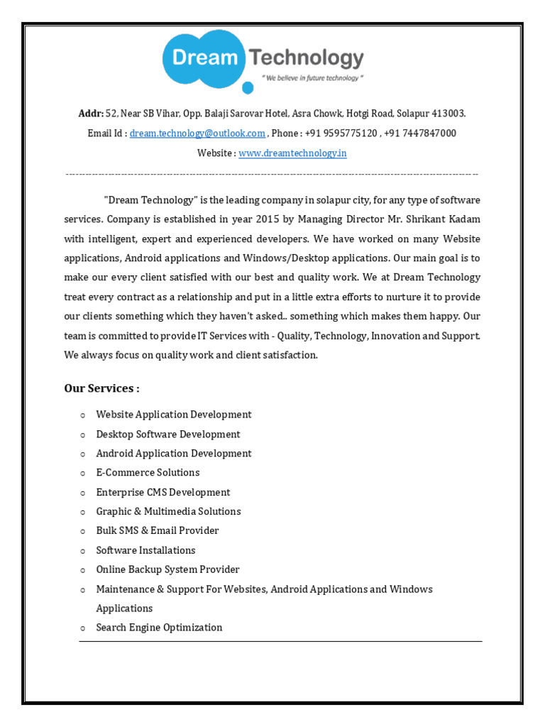 Dream Technology Profile | PDF | Software Engineering | Information Technology