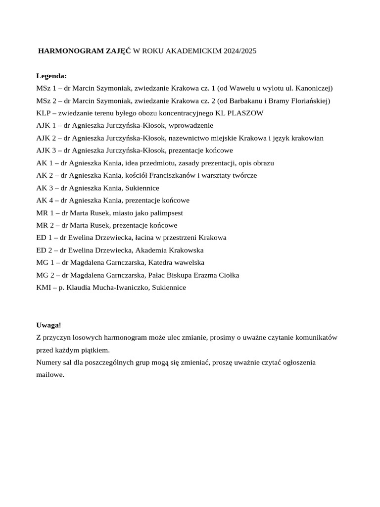 Harmonogram 2024 2025 | PDF