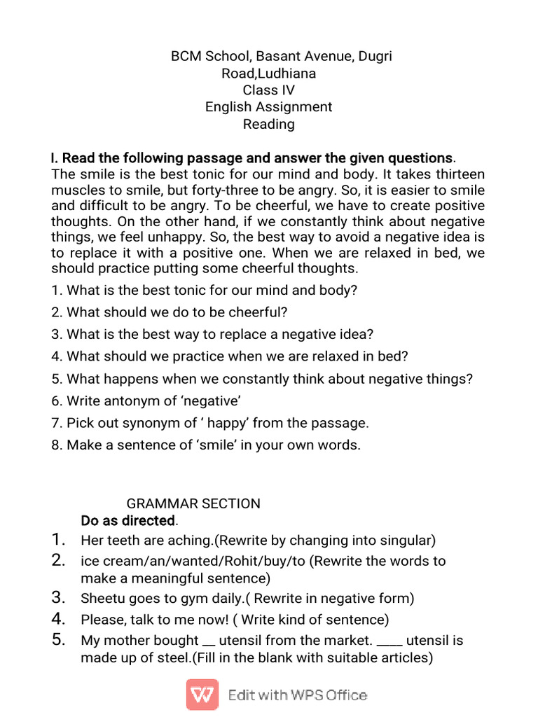 Class IV English Assignment on Positivity | PDF | Career & Growth ...