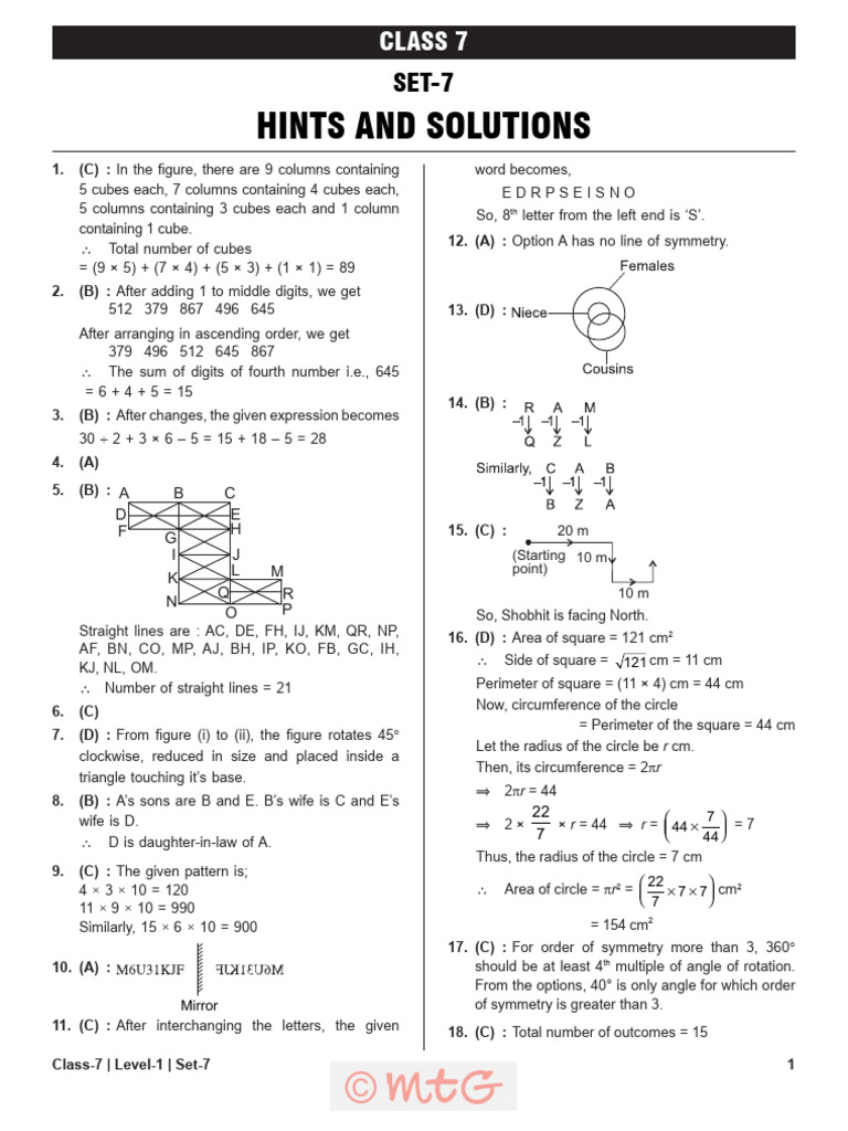 Imo Level1 Solution Class 7 Set 7 | PDF | Elementary Geometry ...