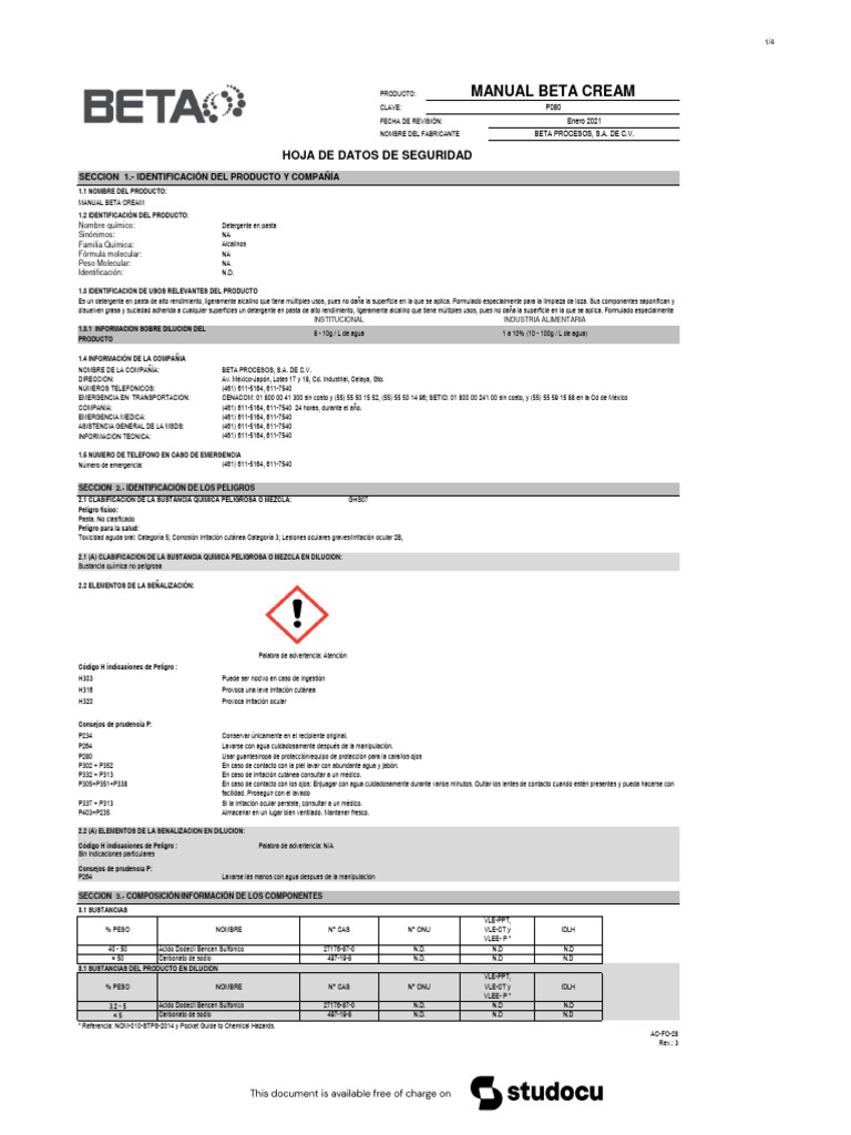 Beta-Cream-Manual - Hds NUEVA | PDF | Química