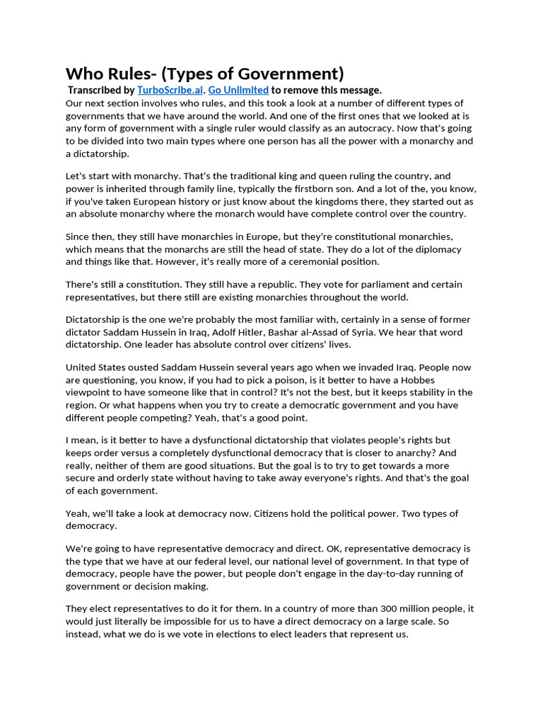 Types of Government Explained | PDF | Monarchy | Democracy