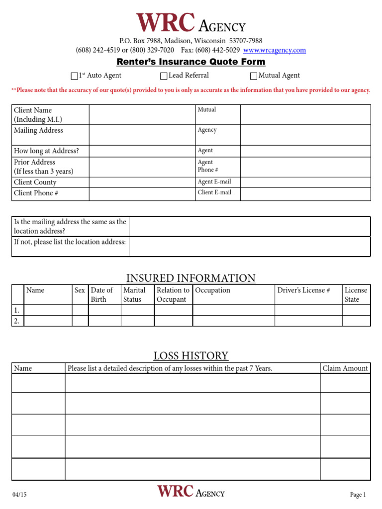 Renter's Insurance Quote Form | PDF | Insurance | Deductible