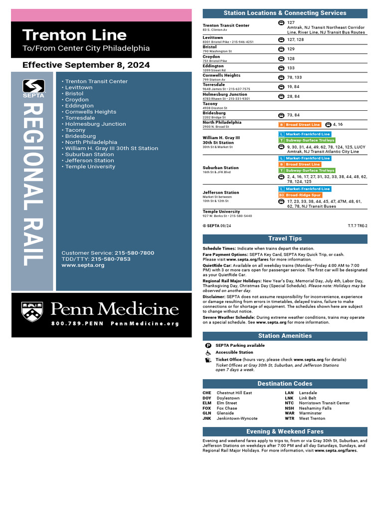 Trenton Line: Effective September 8, 2024 | PDF | Septa | Bus Transport