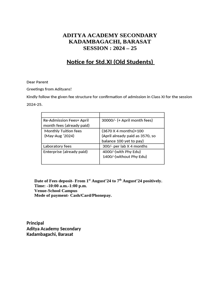 Notice For Class XI (Old Students) | PDF