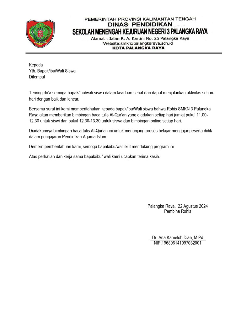 Surat Pengantar Rohis | PDF