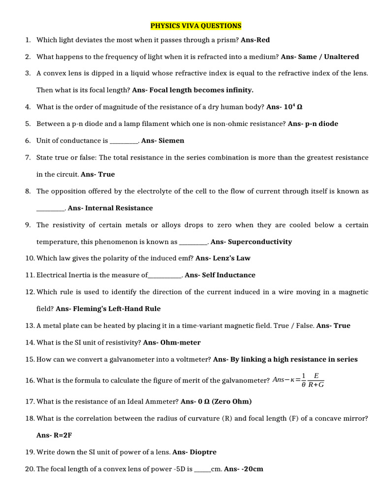 Physics Viva Questions Class-12 2024 | PDF | Teaching Methods & Materials | Science & Mathematics