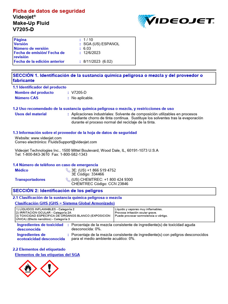 Videojet Make-Up Fluid: Ficha de Datos de Seguridad | PDF | Residuos ...