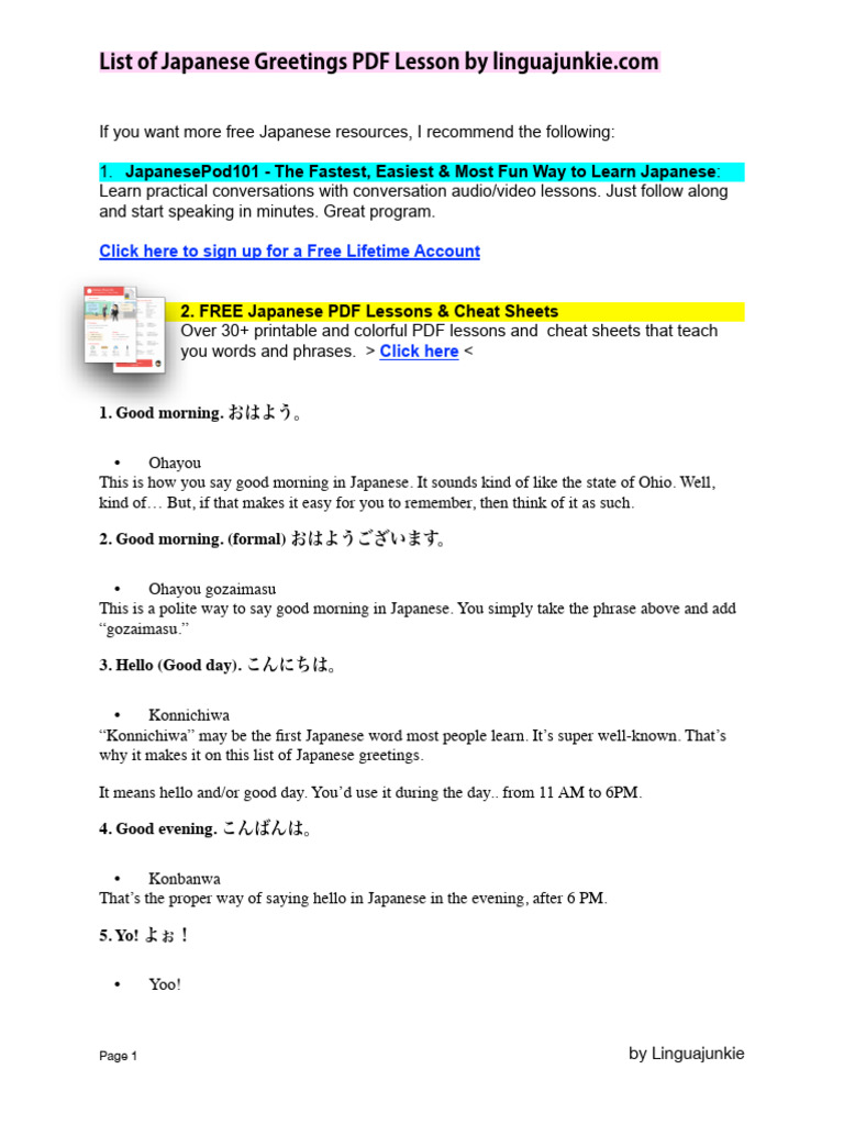 List of Greetings Japanese PDF Lesson 1 | PDF
