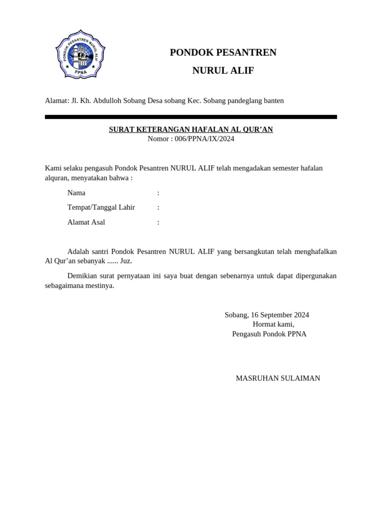 Surat Keterangan Hafalan Quran | PDF