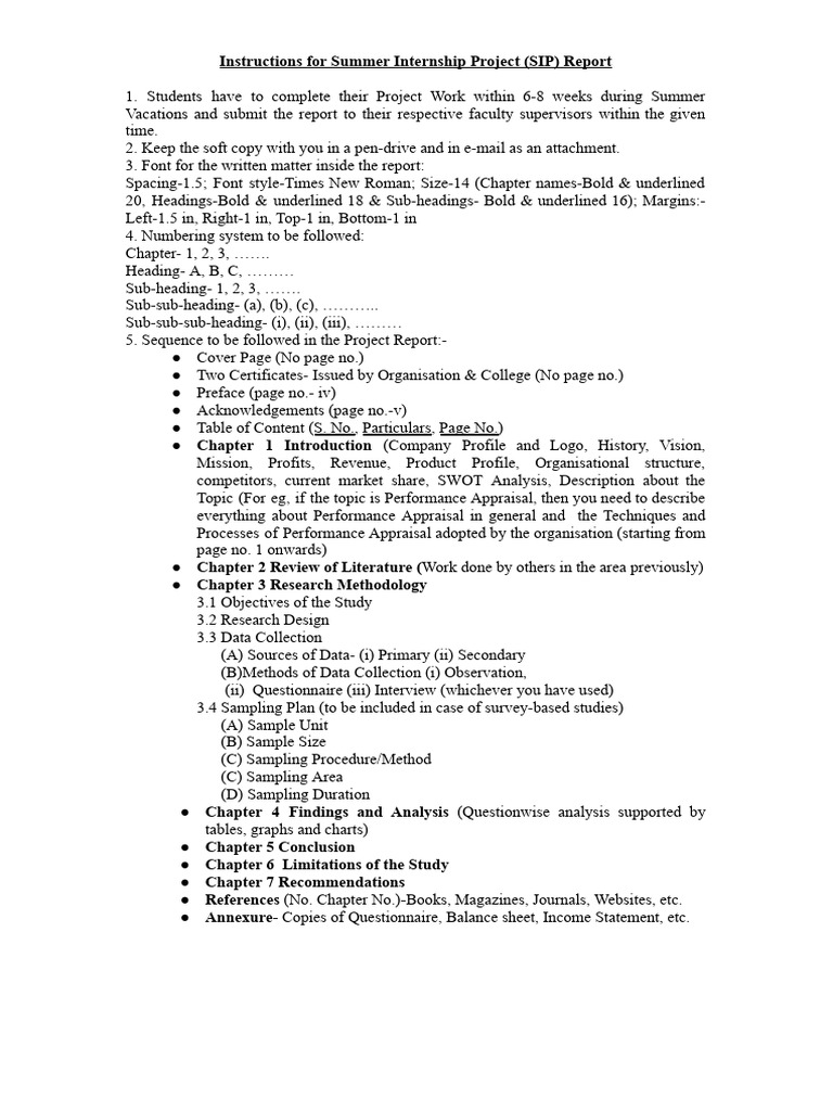 Instructions For Summer Internship Project (SIP) Report | PDF