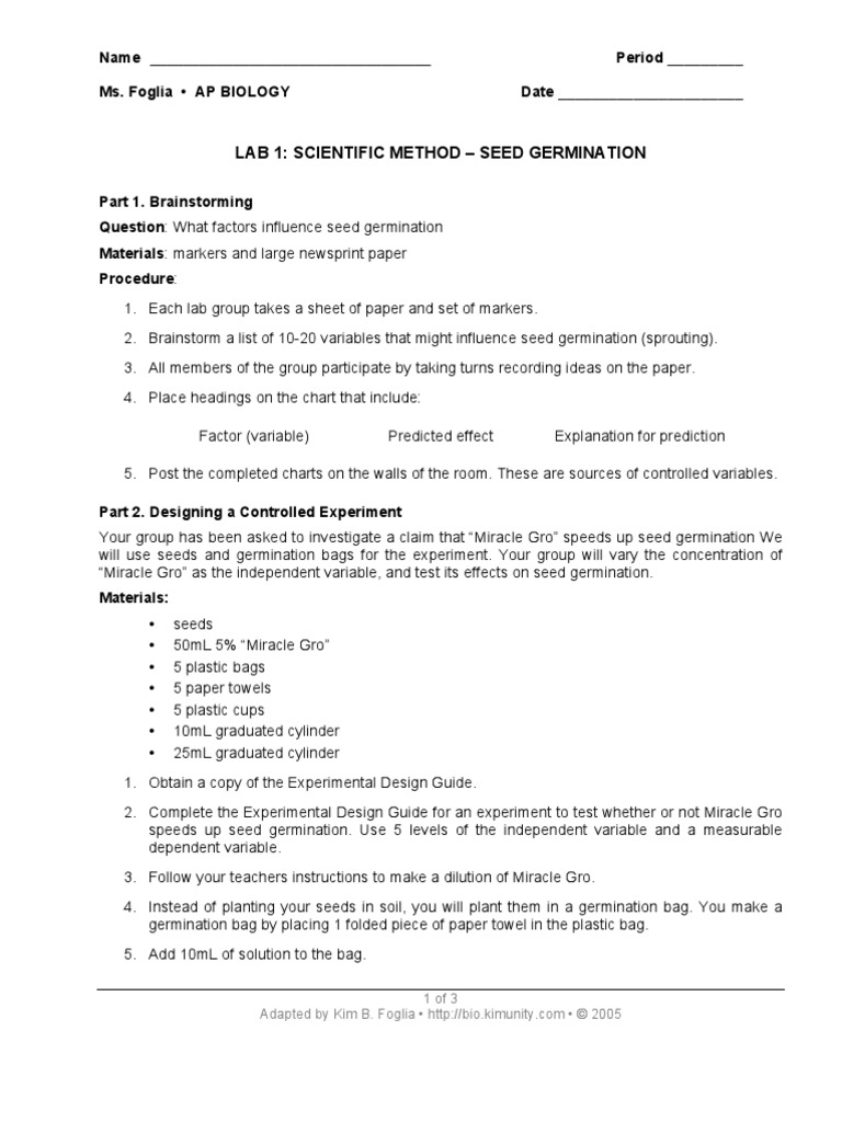 Lab 01 Seed Germination 2005 | PDF | Scientific Control | Experiment