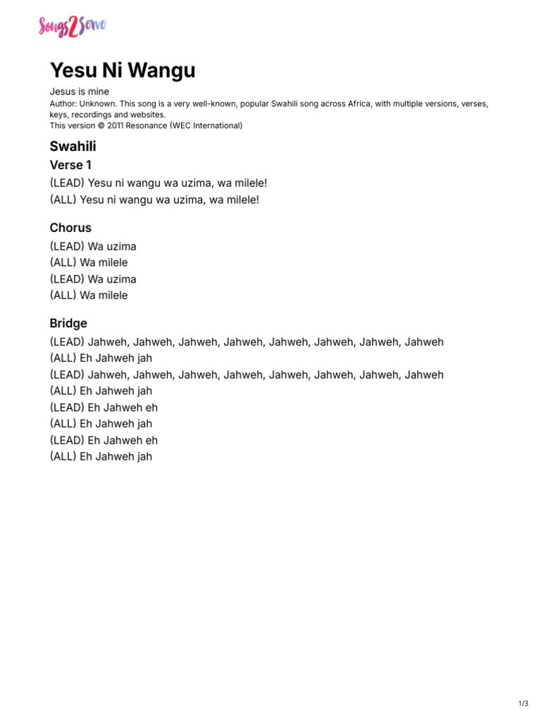 Yesu Ni Wangu Lyrics | PDF