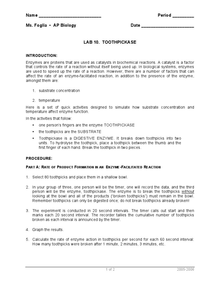 Lab 10 Toothpickase 2005 | PDF | Substrate (Chemistry) | Enzyme