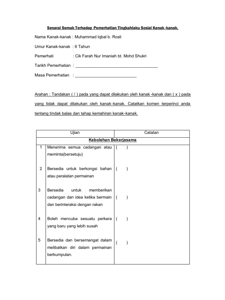 Contoh Pemerhatian Untuk Kanak - finlarkfinGentry
