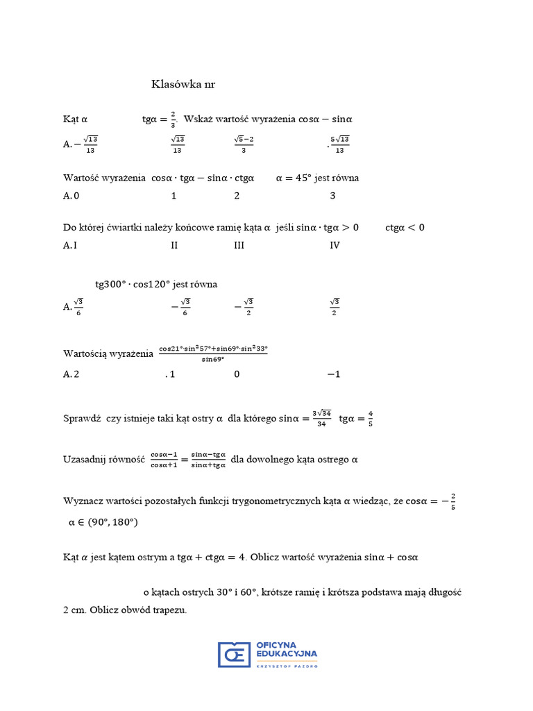 2019 4 Klasowka kl2 Trygonometria ZP Ab Wer4 | PDF
