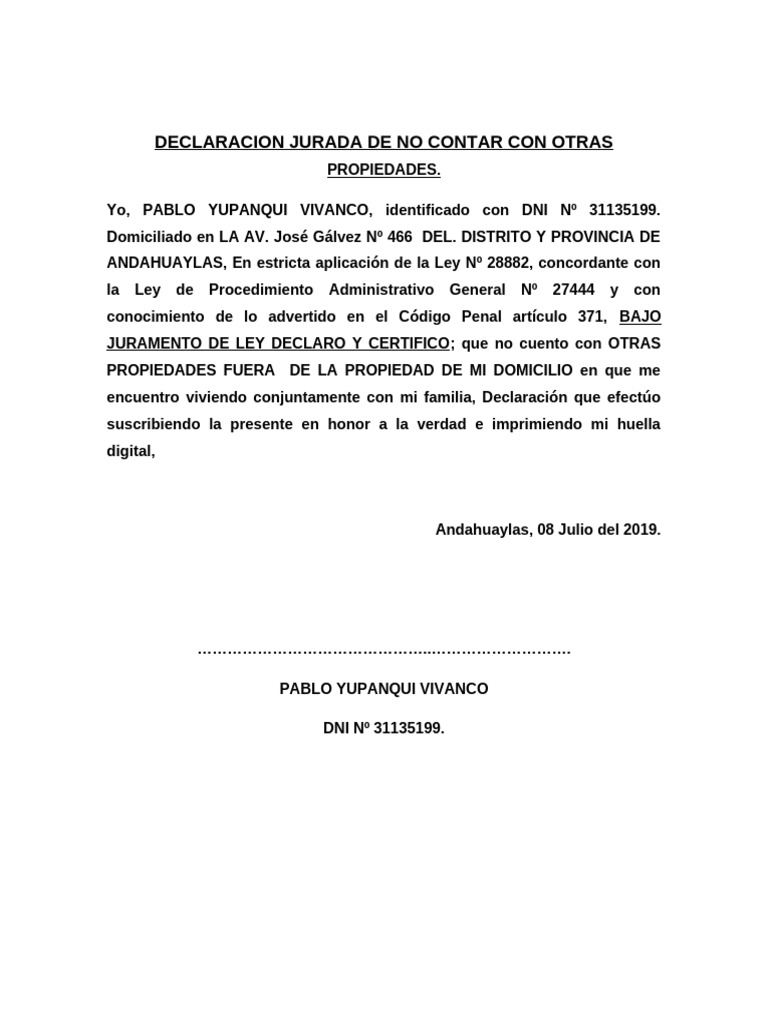 Declaracion Jurada de No Contar Con Otras Propiedades Yupanqui | PDF