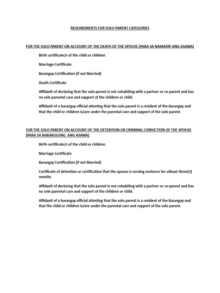 Solo Parent Requirements Guide | PDF | Human Development | Child Welfare