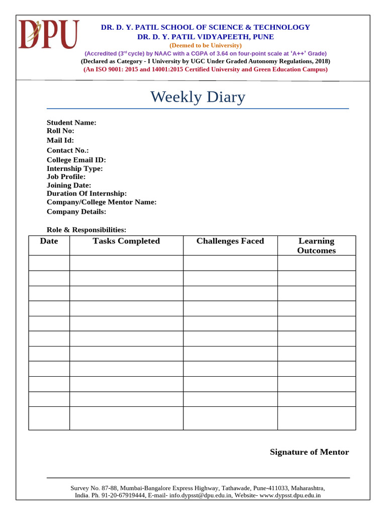 Weekly Dairy For Internship Evaluation | PDF | Career & Growth | Business