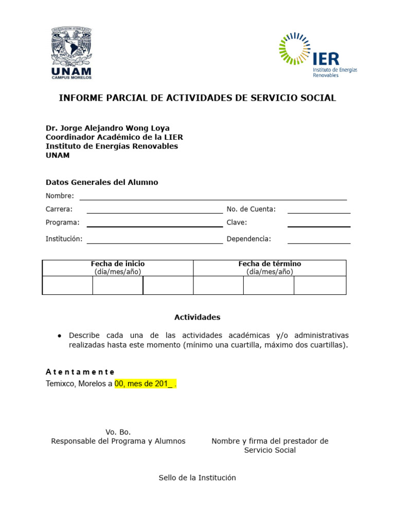 Formato De Informe Parcial De Actividades Pdf