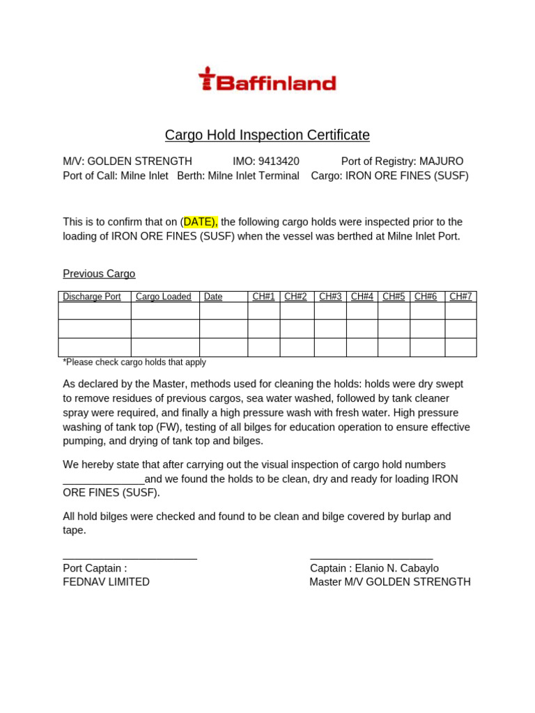 Cargo Hold Inspection Certificate | PDF
