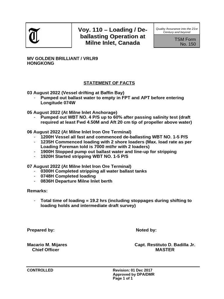 Milne Inlet Loading & Deballasting Report | PDF