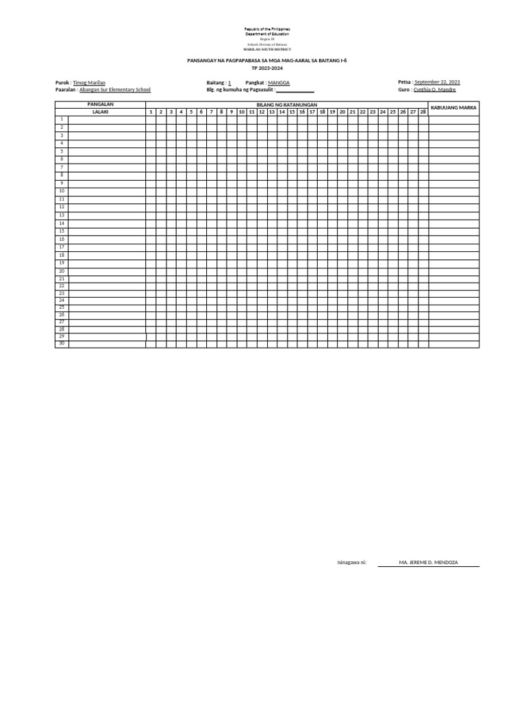 Pansangay Na Pagpapabasa Sa Mag Aaral 2023 2024 Oral Reading Form ...
