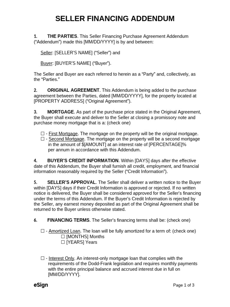 Seller Financing Purchase Agreement Addendum | PDF | Adjustable Rate ...