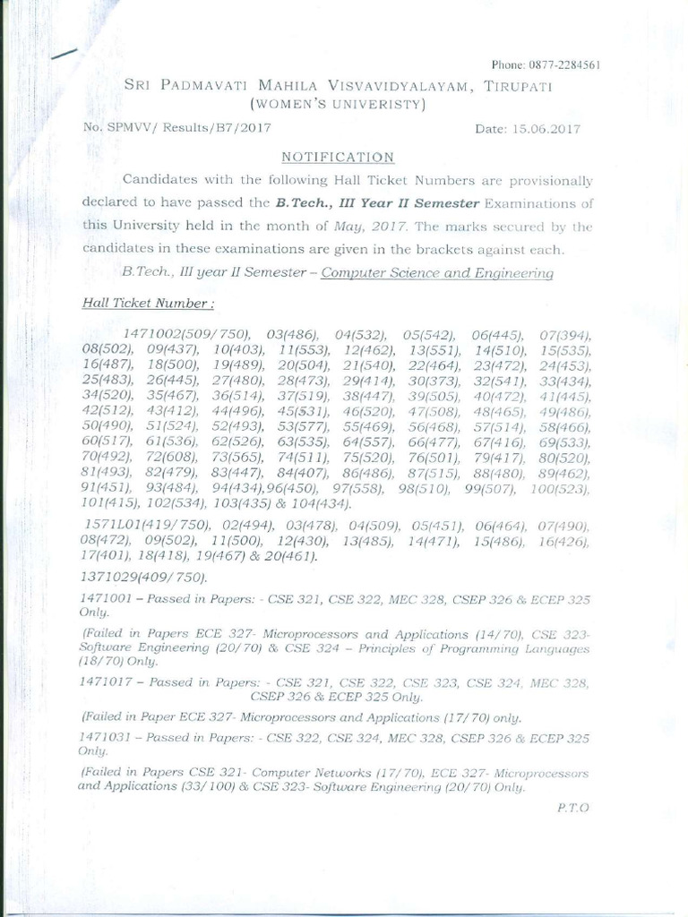 Sri Padmavati Mahila Visvavidyalayam Btech 3rd Year 2nd Sem May 2017 Exam Results 16 6 2017 ...